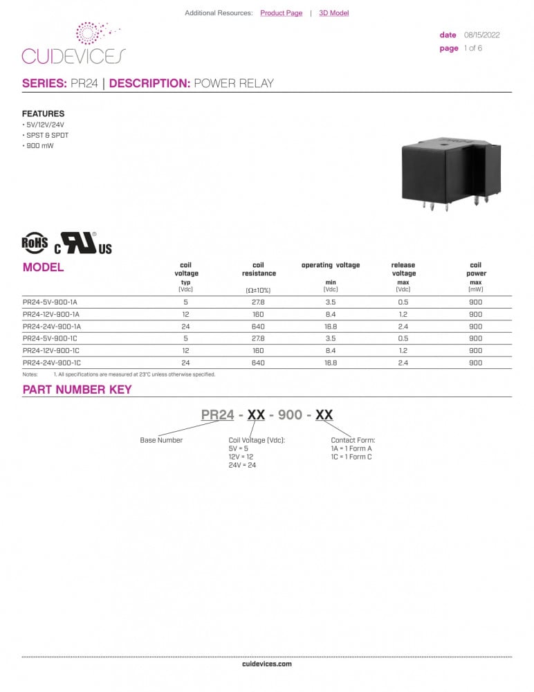 PR24 relay datasheet page 1