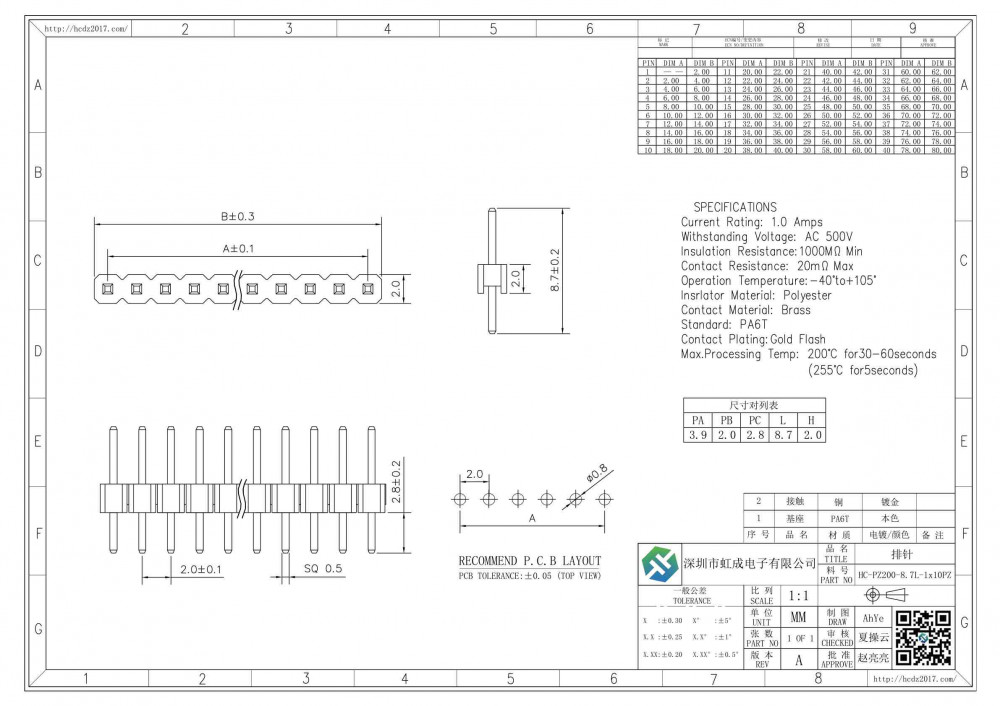 HC-PZ200-8.7L-1x10PZ dimensional drawing