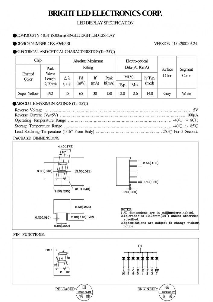 BS-A36K3RI specification document page 1