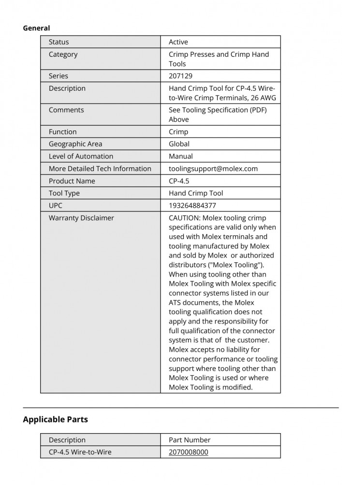 Technical document page 2 for Molex hand crimp tool 2133093300