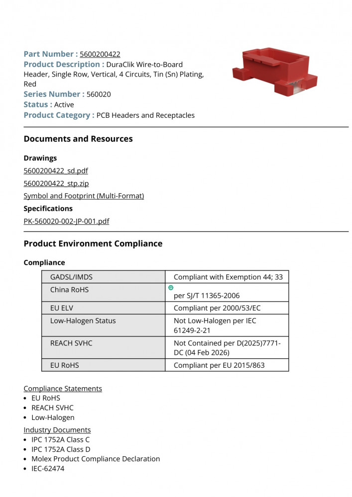 MOLEX 5600200422 technical document page 1