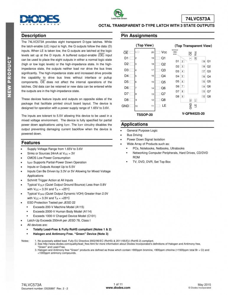 74LVC573AQ20-13 datasheet page 1