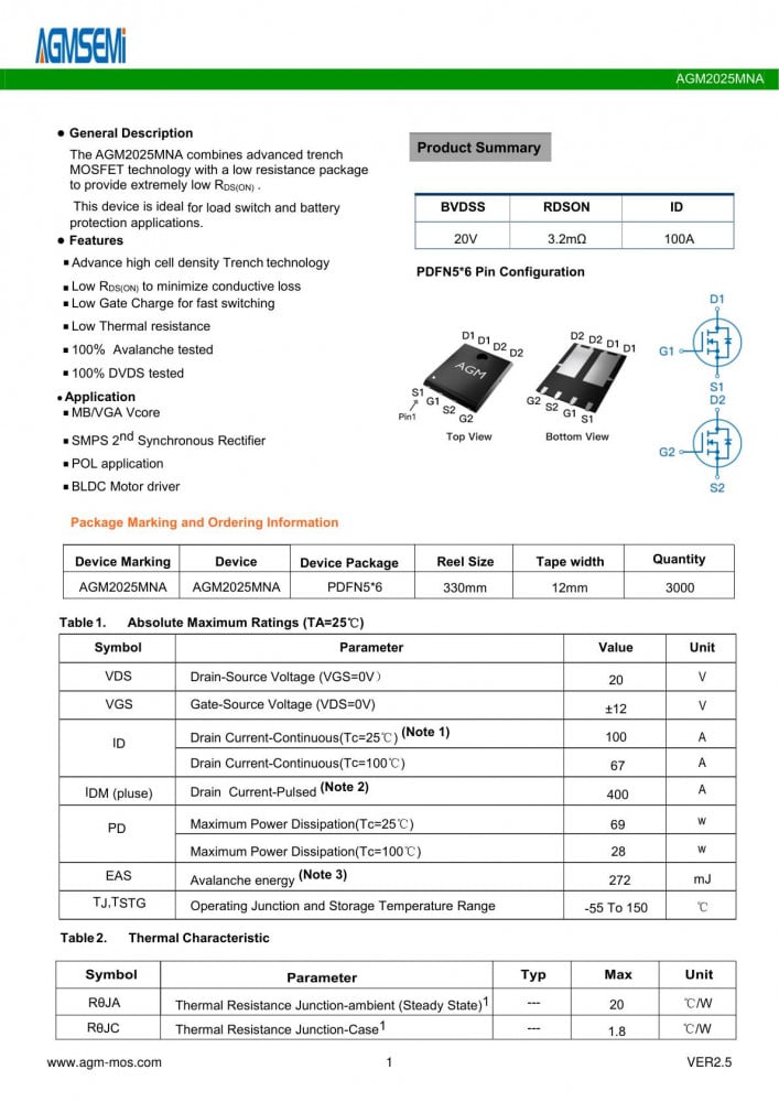 AGM2025MNA datasheet page 1