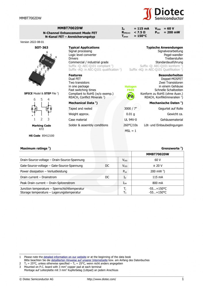 MMBT7002DW datasheet page 1