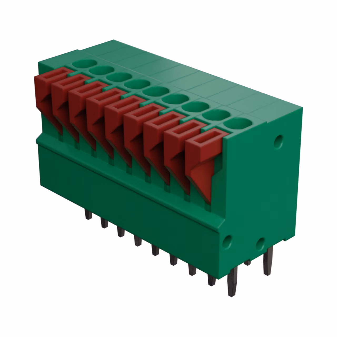 2.54mm Pitch, Eurostyle Fixed-Mount Push-Button Terminal Block, Vertical, 6A, 26-18 AWG, Green, 9 Circuits for sale