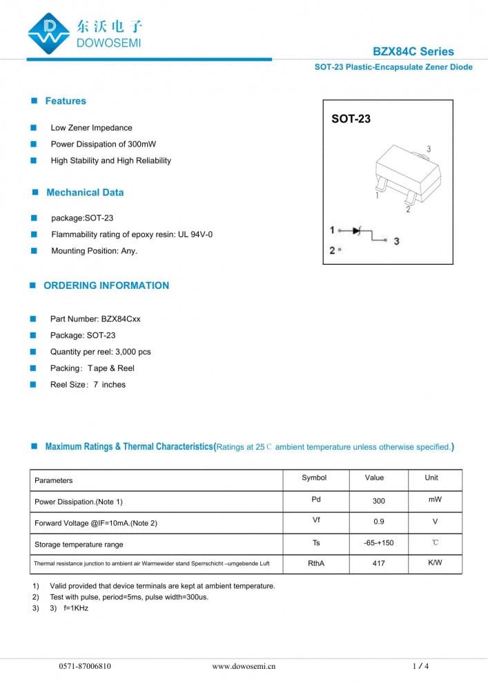 DOWO BZX84C18 datasheet page 1