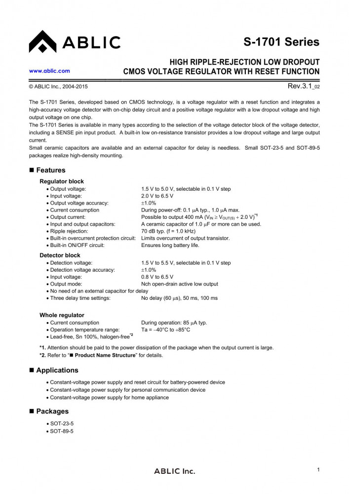 ABLIC S-1701 datasheet page 1