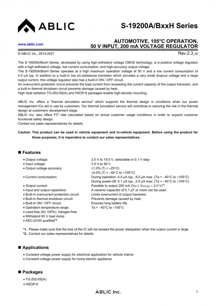 S-19200A/BxxH datasheet page 1