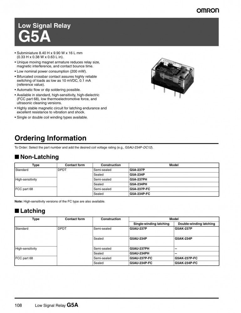 OMRON G5A relay technical document, page 1