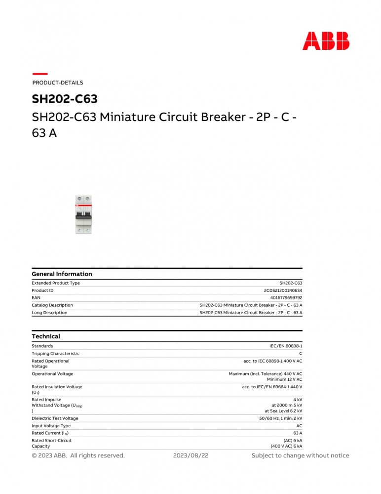 ABB SH202-C63 technical document page 1