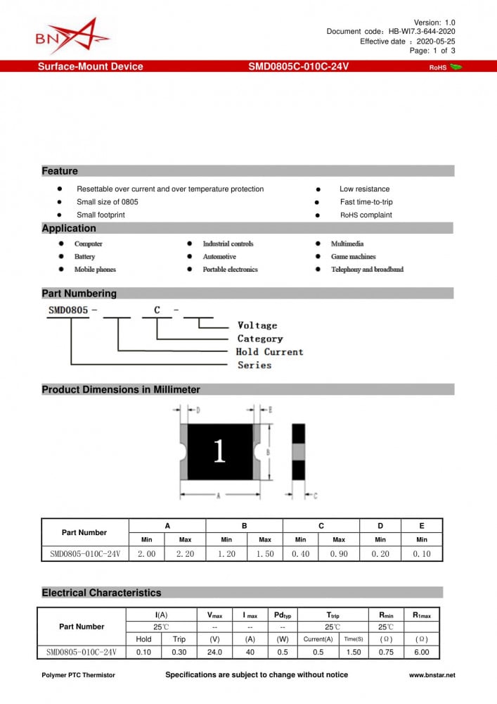 BNstar SMD0805-010C-24V datasheet page 1