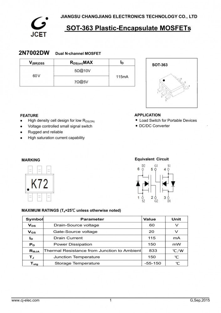 2N7002DW K72 datasheet page 1