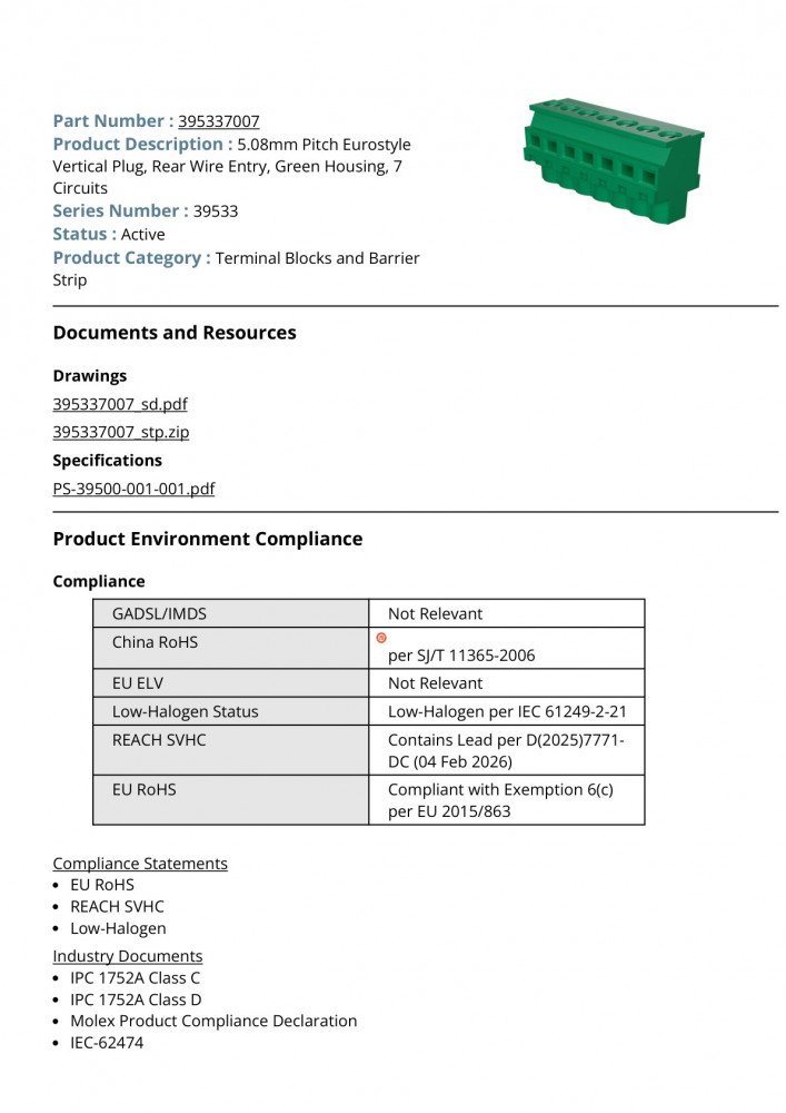 MOLEX ESE Eurostyle terminal block specification page 1
