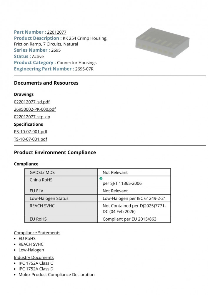 MOLEX 22012077 technical document preview, page 1