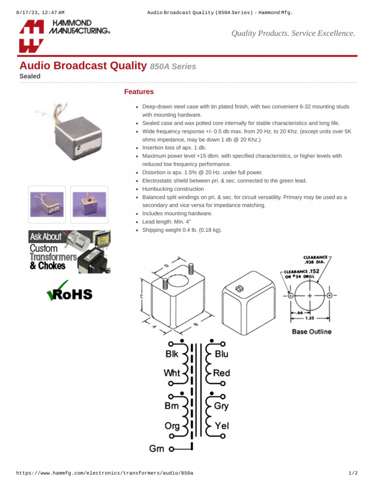 Hammond 850A series technical document page 1