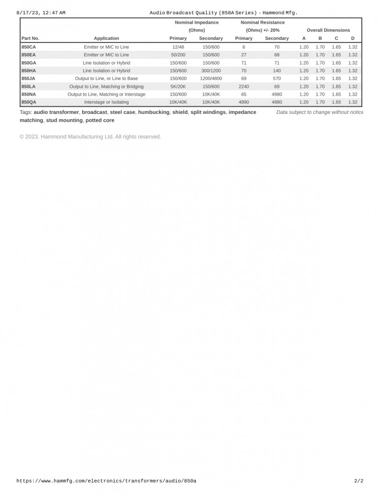 Hammond 850A series technical document page 2