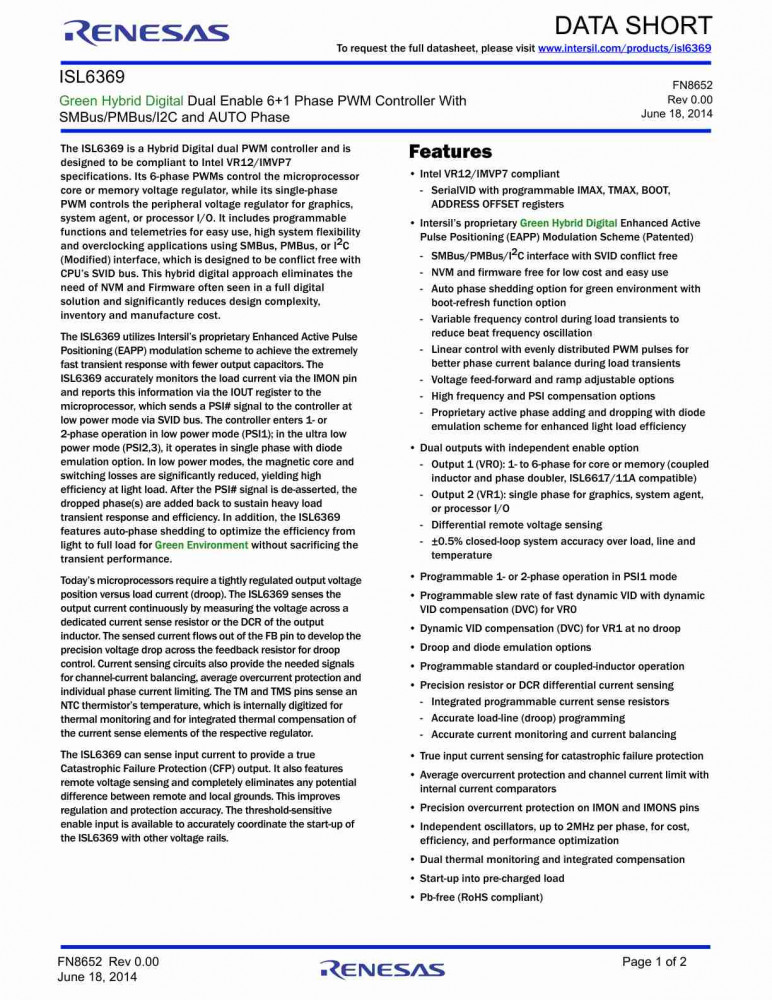 ISL6369CRZ technical document page 1