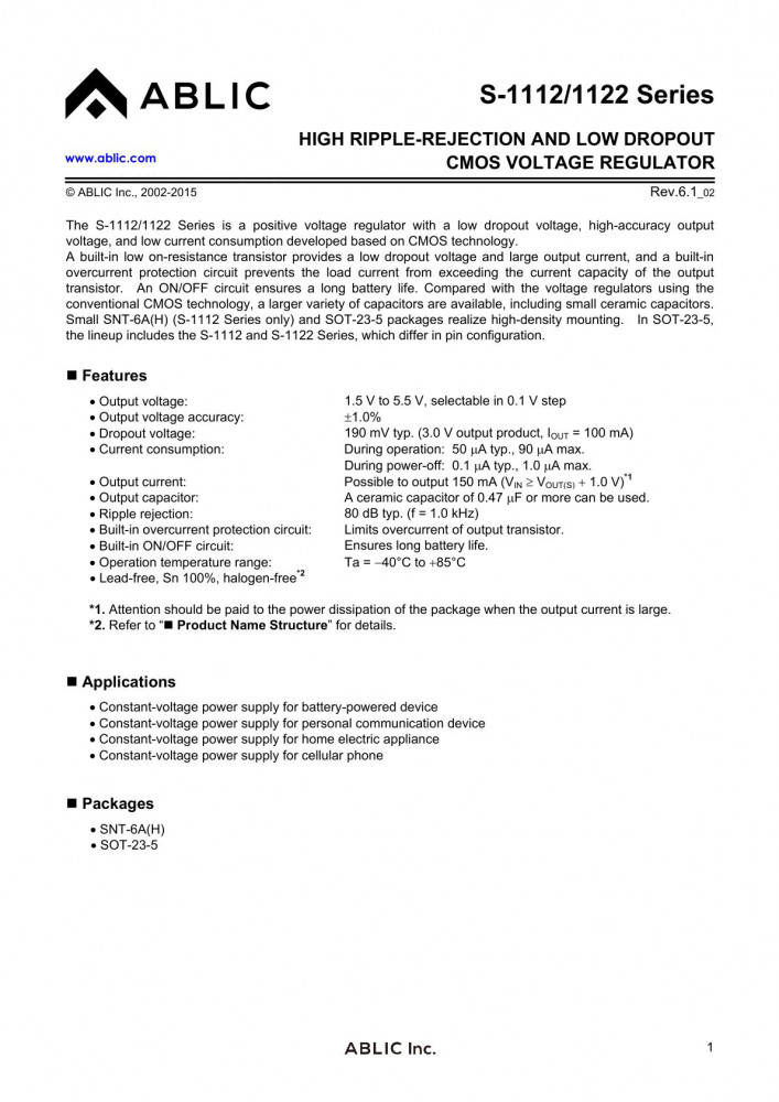 S-1112/1122 datasheet page 1