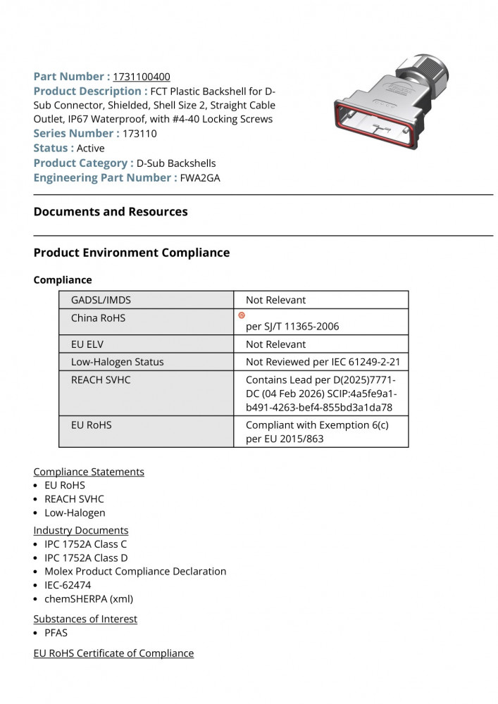 MOLEX 1731100400 technical document page 1