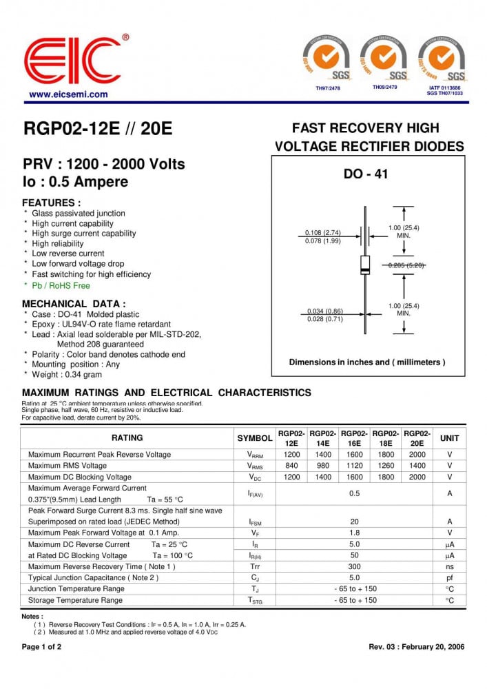 EIC RGP02-20E datasheet page 1