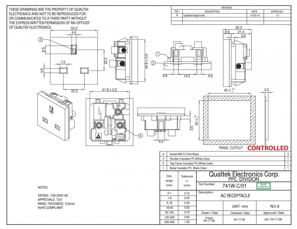 741W-C/01 AC receptacle product drawing and panel cutout
