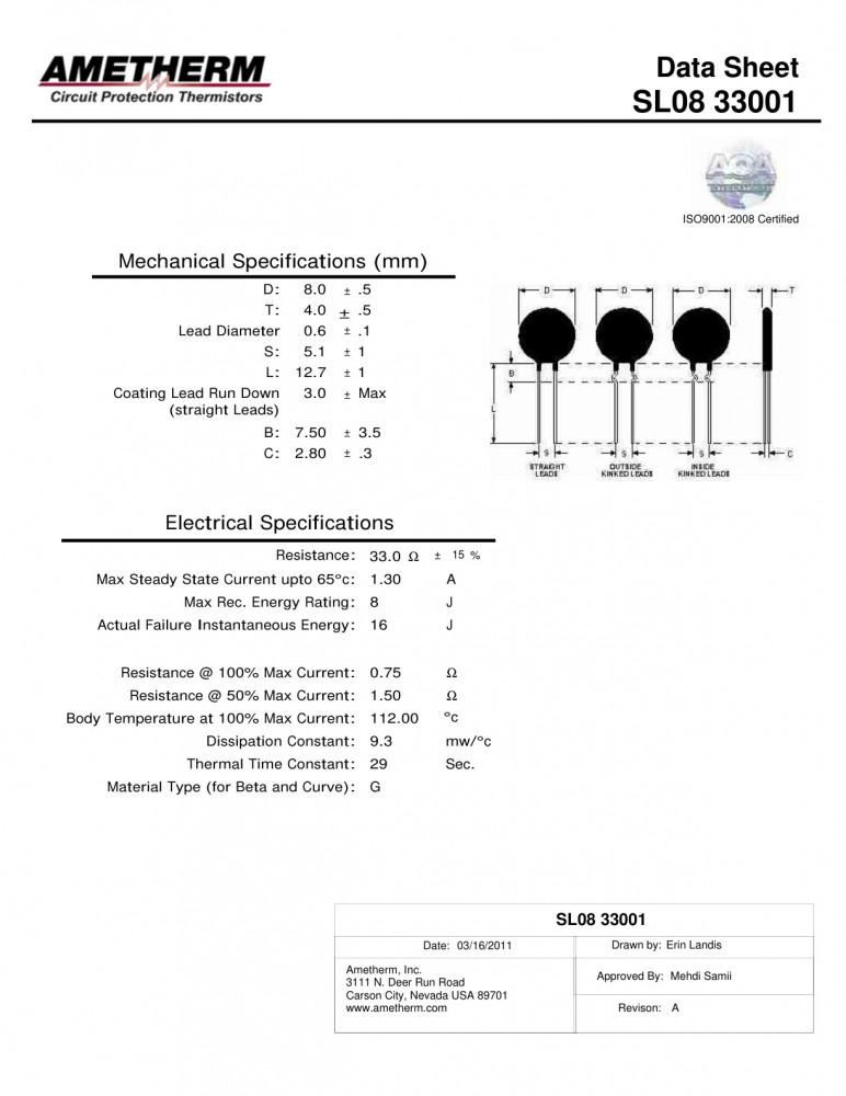 Ametherm SL08 33001 technical datasheet page