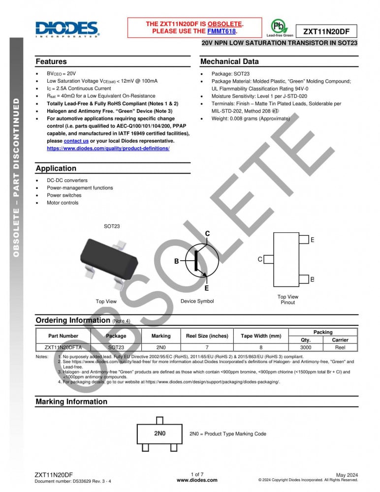 ZXT11N20DFTA datasheet page 1
