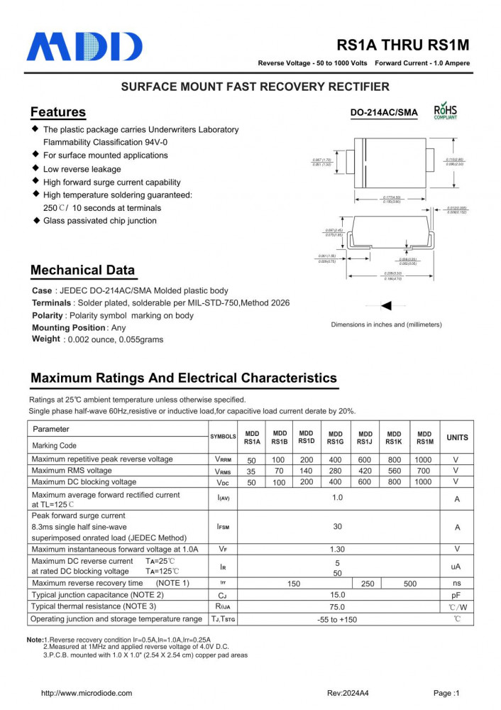 MDD RS1J datasheet page 1: ratings and electrical characteristics