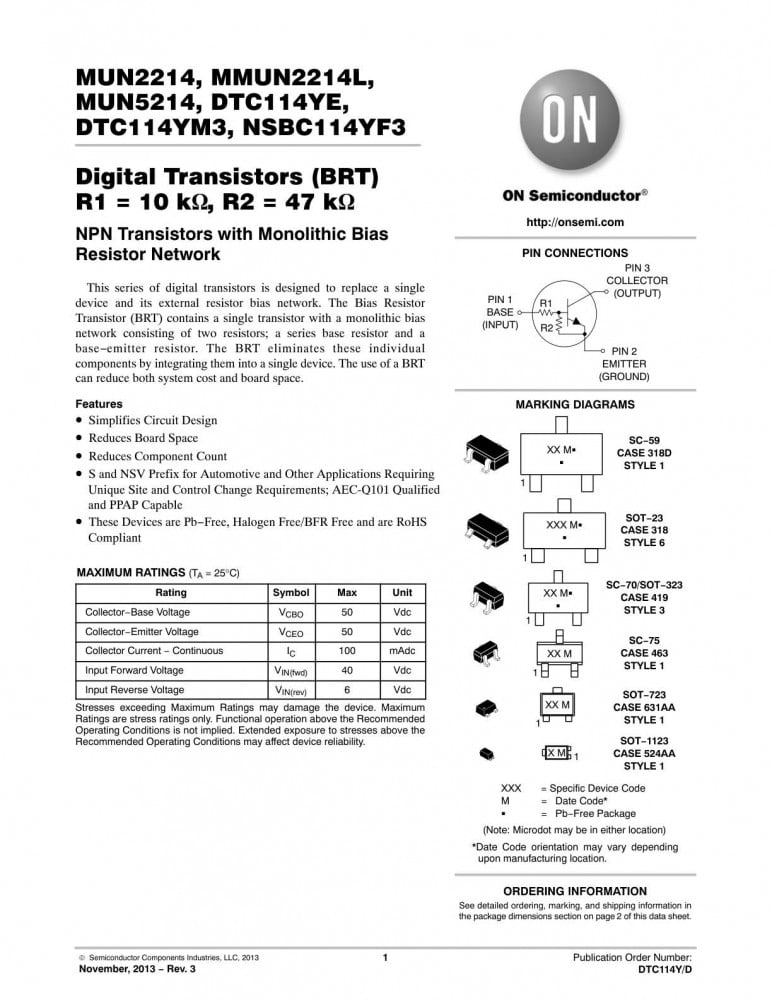 MMUN2214LT1G datasheet page 1
