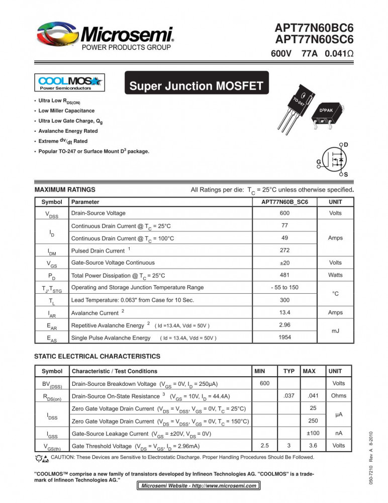 APT77N60BC6 datasheet page 1