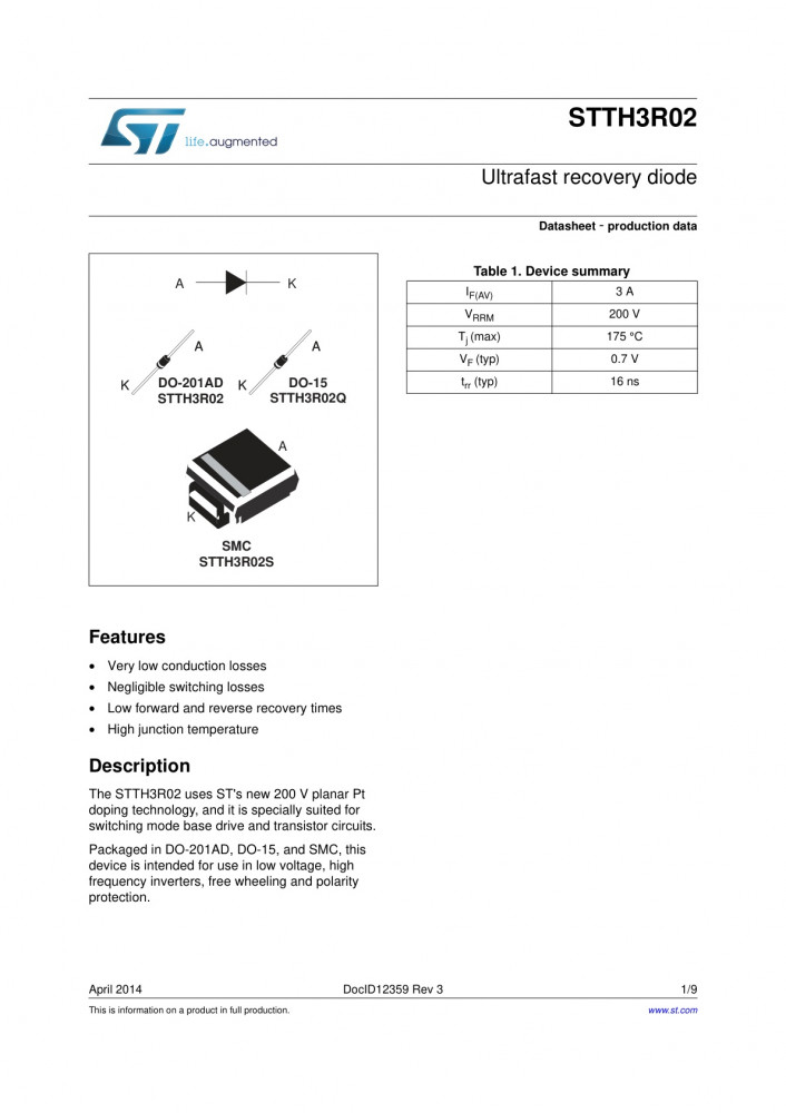 STTH3R02 datasheet page 1