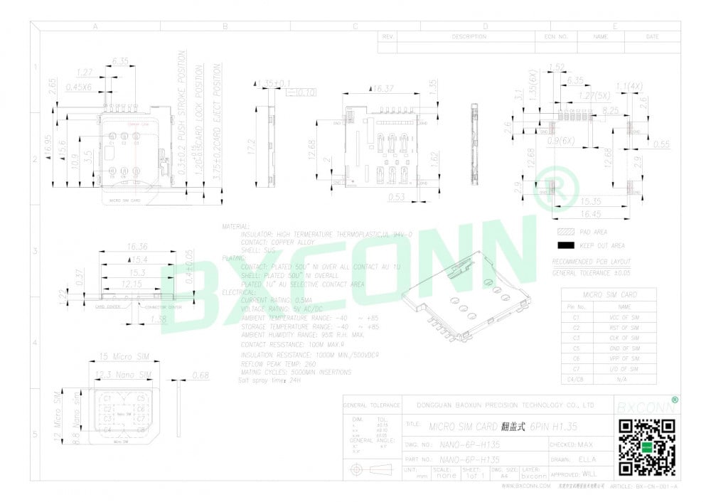 BXCONN NANO-6P-H135 technical drawing page 1
