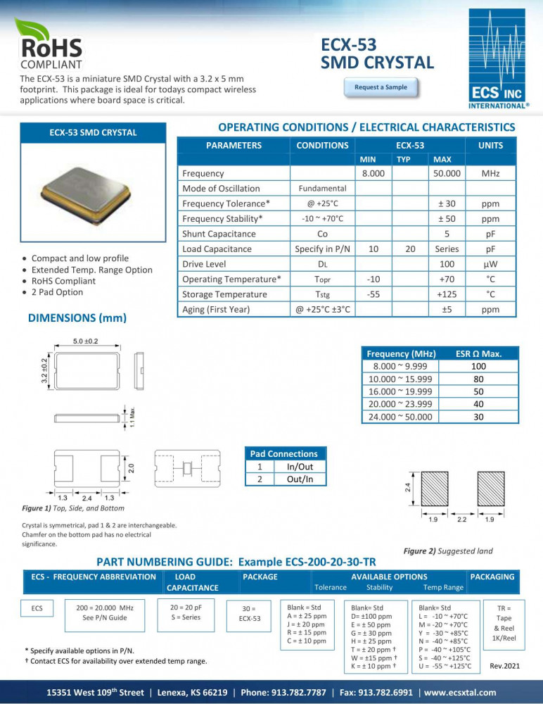 ECS ECX-53 crystal electrical characteristics and dimensions