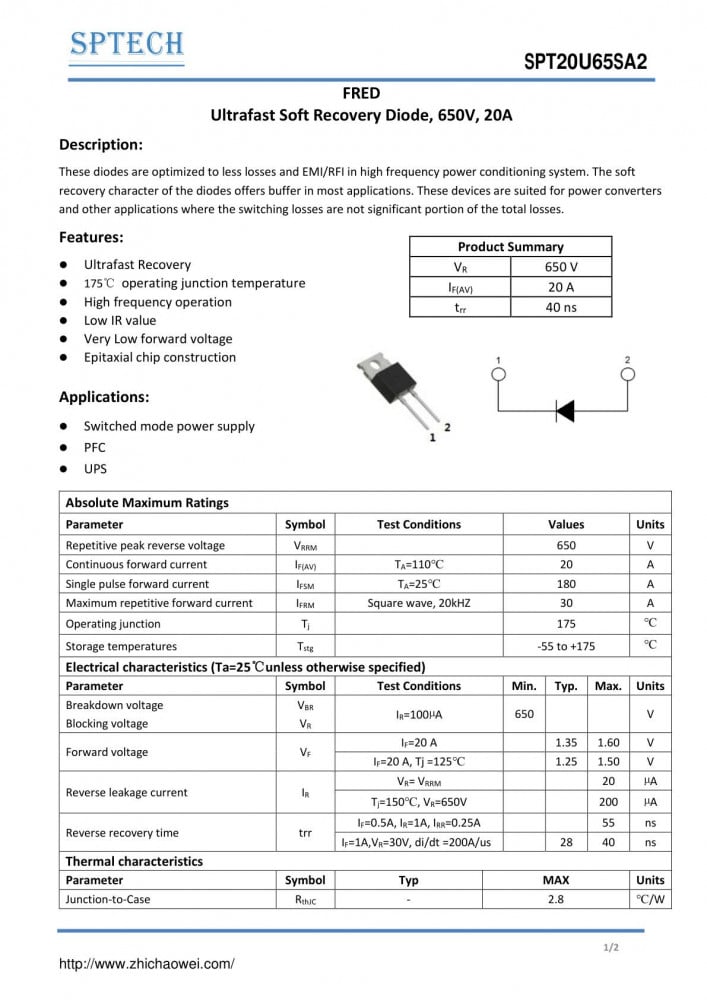 SPT20U65SA2 technical document page 1