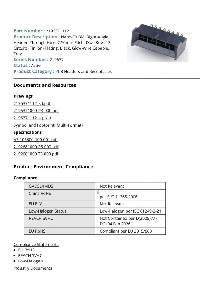 MOLEX 2196371112 technical document image, page 1
