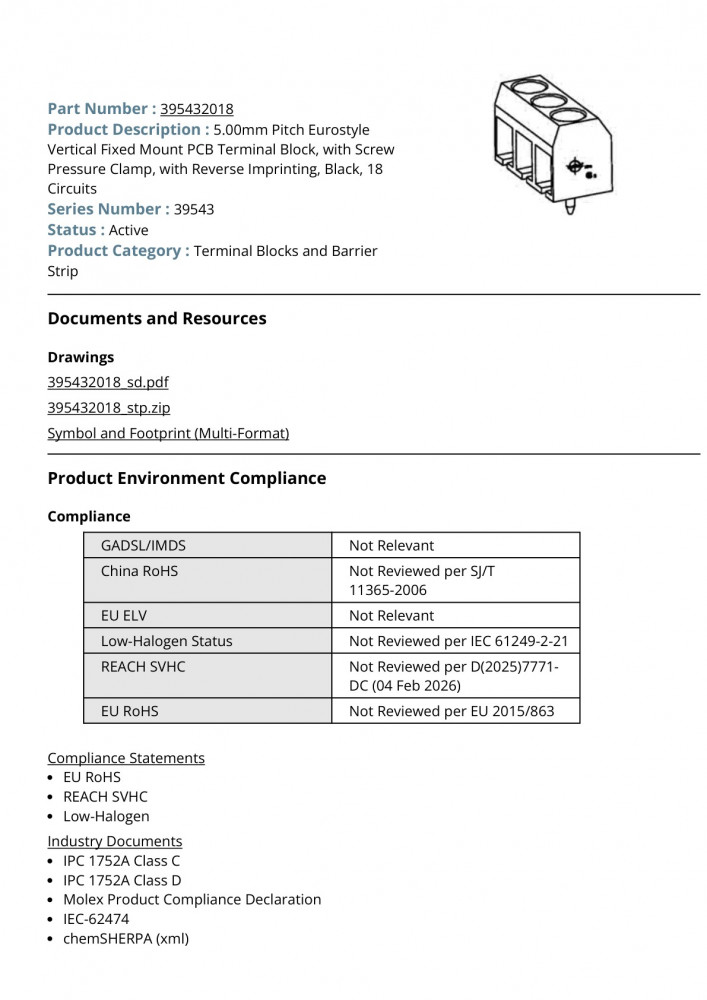 MOLEX 395432018 product document, page 1