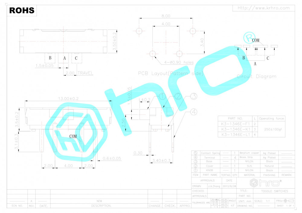 K3-1346E-L1 toggle switch technical drawing