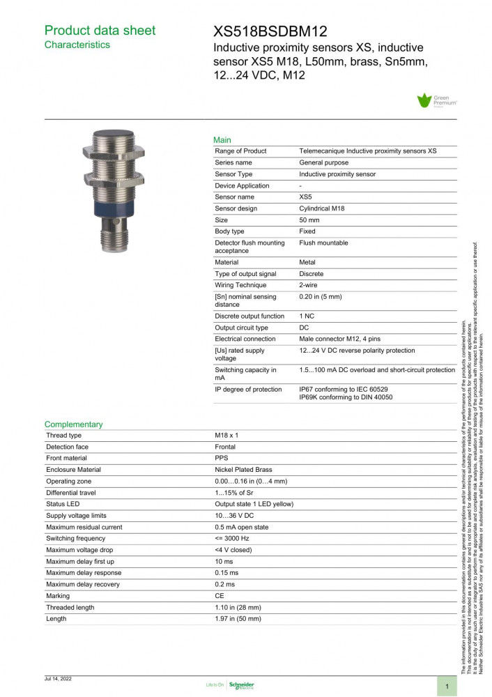 XS518BSDBM12 technical documentation page 1