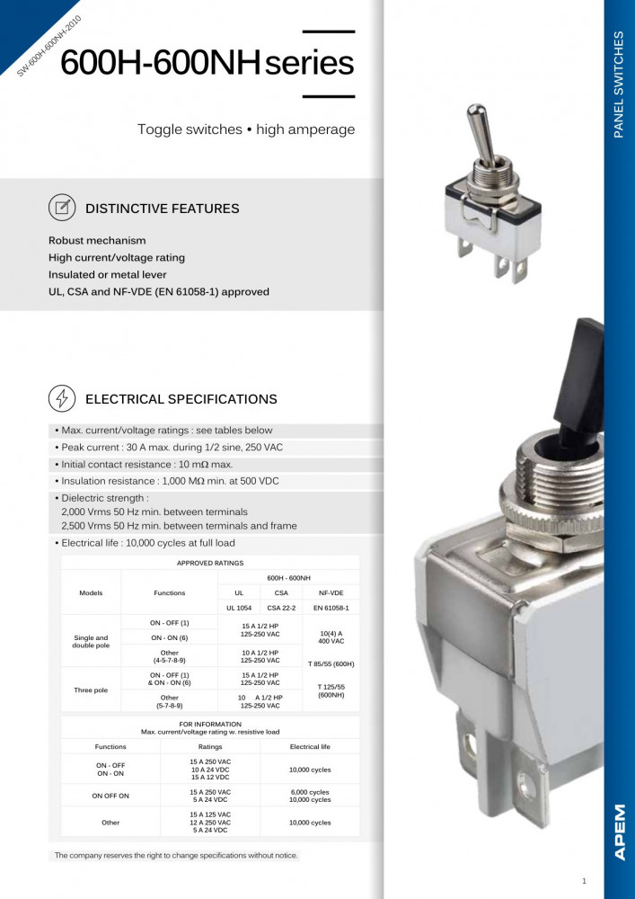 APEM 600H series datasheet page 1
