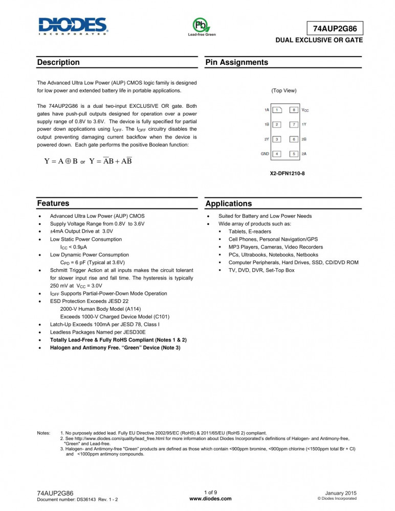 74AUP2G86RA3-7 datasheet page 1