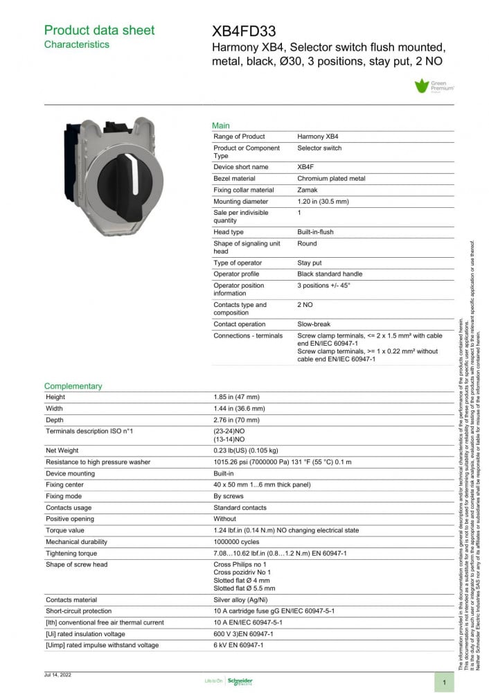 XB4FD33 technical document page 1