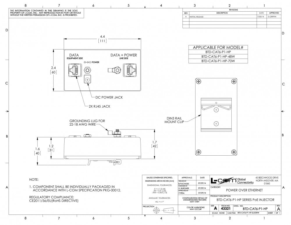 BTD-CAT6P1HP70W technical document page