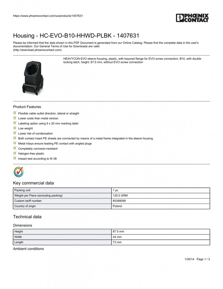 Phoenix Contact 1407631 product documentation page 1
