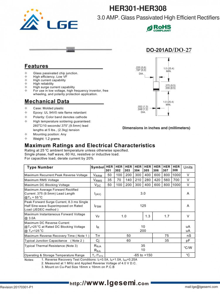 LGE HER303 datasheet page 1