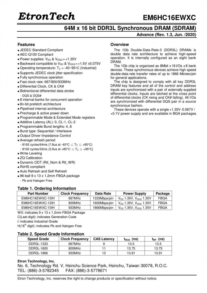 Etron DDR3L datasheet page 1