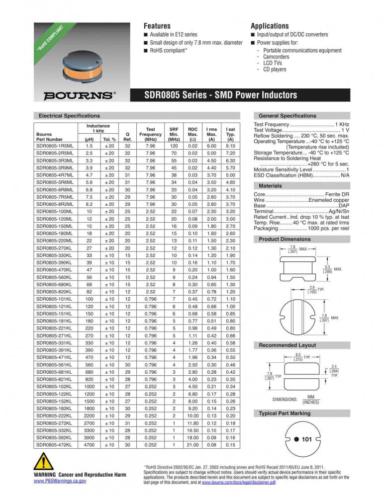 BOURNS SDR0805 series datasheet page 1