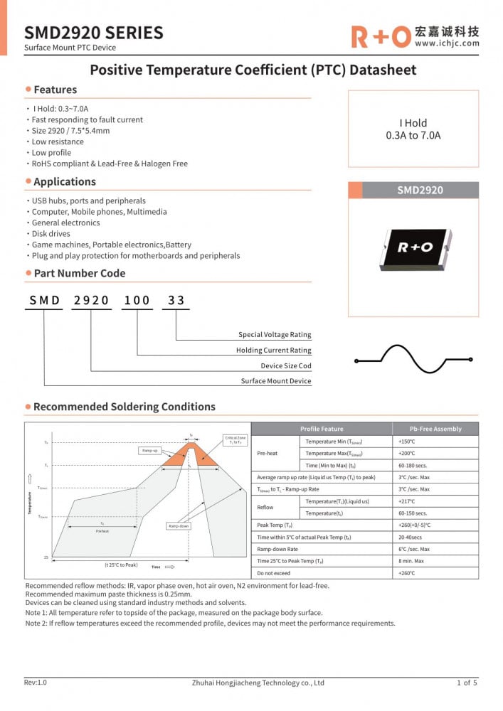 R+O SMD2920 PTC datasheet page 1