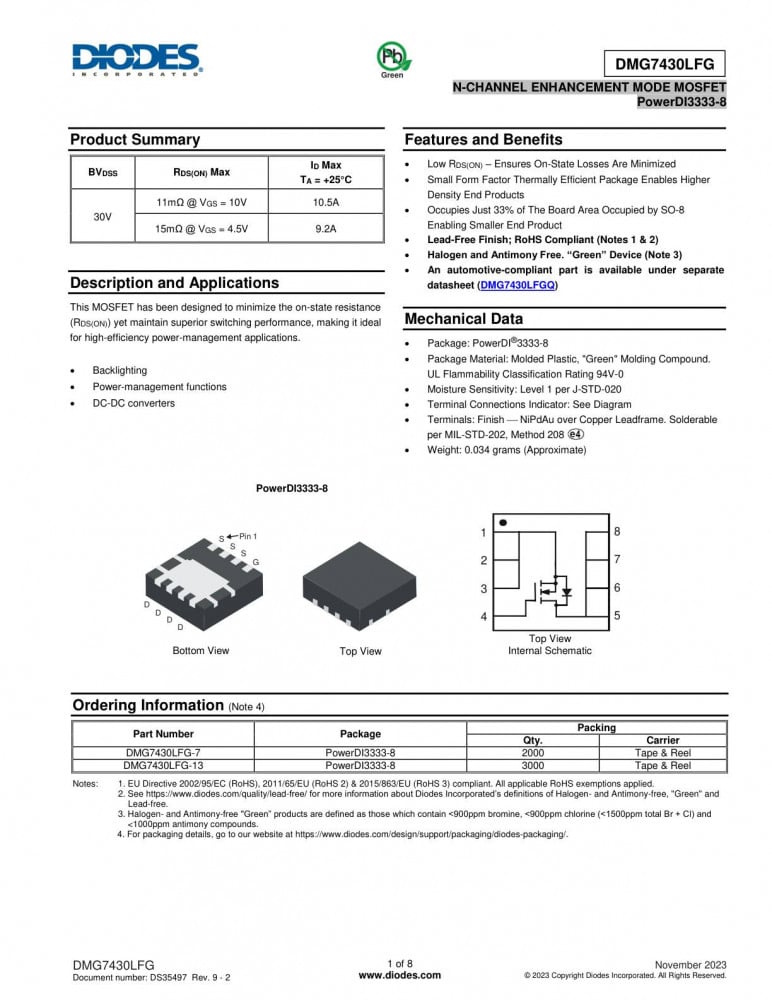 DMG7430LFG-7 datasheet page 1