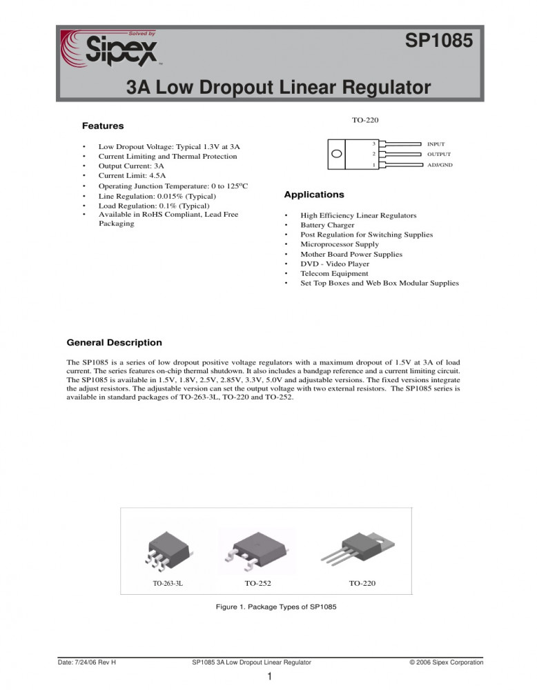 SP1085 datasheet page 1