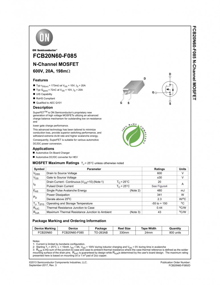 FCB20N60-F085 datasheet preview, page 2